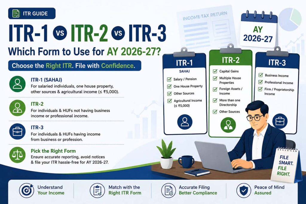 ITR-1 vs ITR-2 vs ITR-3 — Which Form to Use for AY 2026-27? - Tax Tip